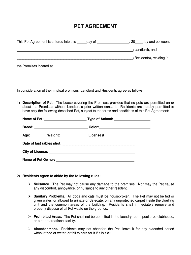 Fillable Online PET AGREEMENT This Pet Agreement is entered into this ...
