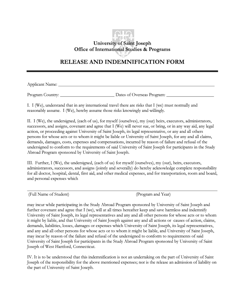 Fillable Online ww2 usj Release Indemnification - ww2usjedu - ww2 usj Fax Email Print - pdfFiller