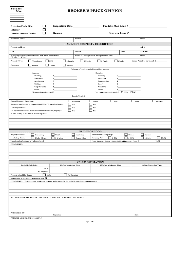 Fillable Online Freddie Mac BROKERS PRICE OPINION - ProEducate Fax ...