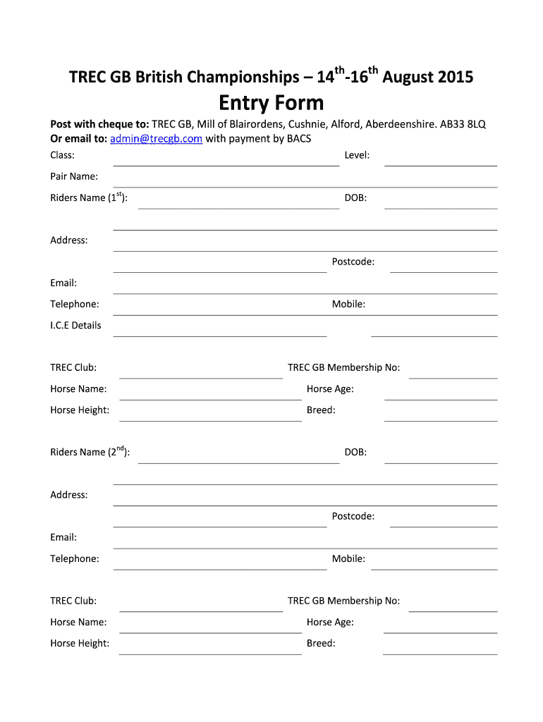 Fillable Online TREC GB British Championships 14th Entry Form Fax Email ...