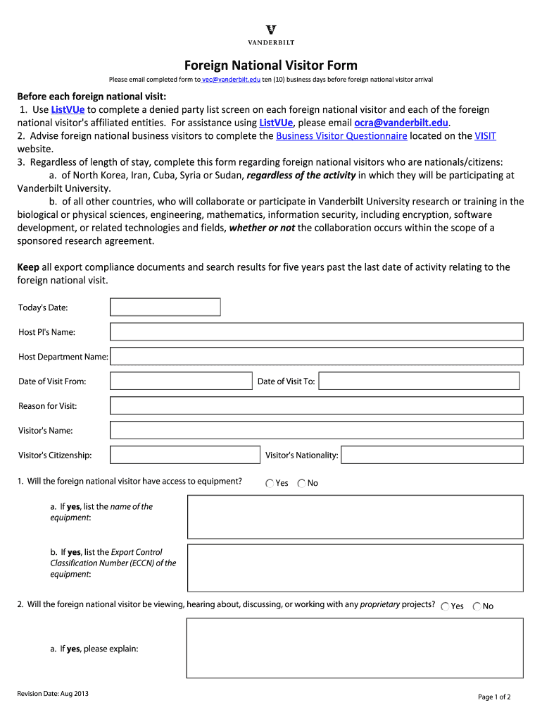 Fillable Online vanderbilt Foreign National Visitor Form - Vanderbilt ...