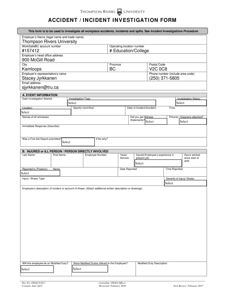 Fillable Online tru ACCIDENT / INCIDENT INVESTIGATION FORM This form is ...