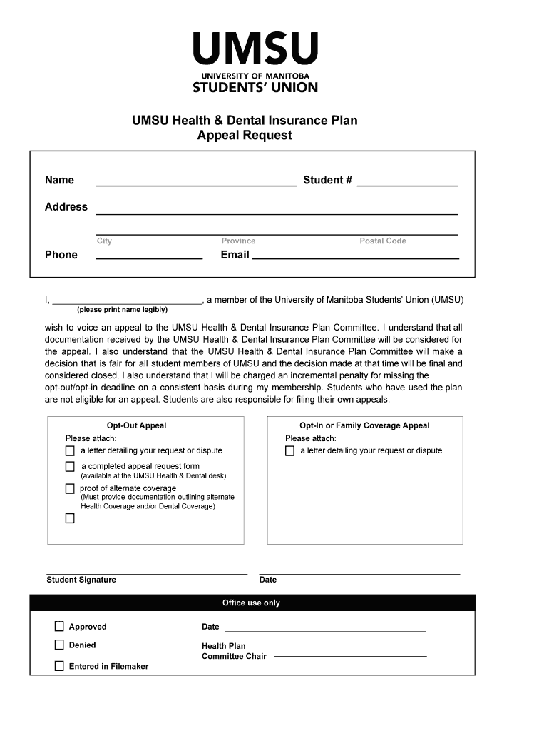Fillable Online umsu UMSU Health Dental Insurance Plan Appeal Request ...