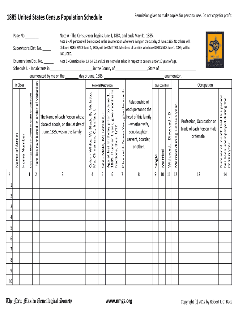 Fillable Online 1885 United States Census Population Schedule - nmgsorg ...