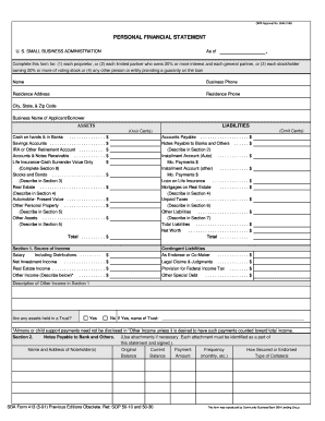 Fillable Online PERSONAL FINANCIAL STATEMENT - sbaclccom Fax Email ...