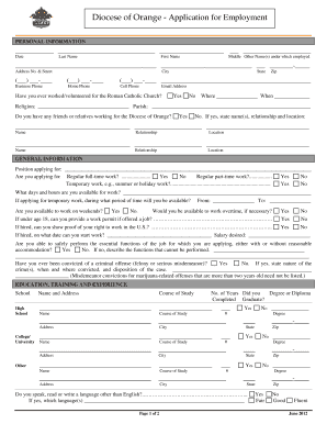 Fillable Online Diocese of Orange Application for Employment Fax Email ...