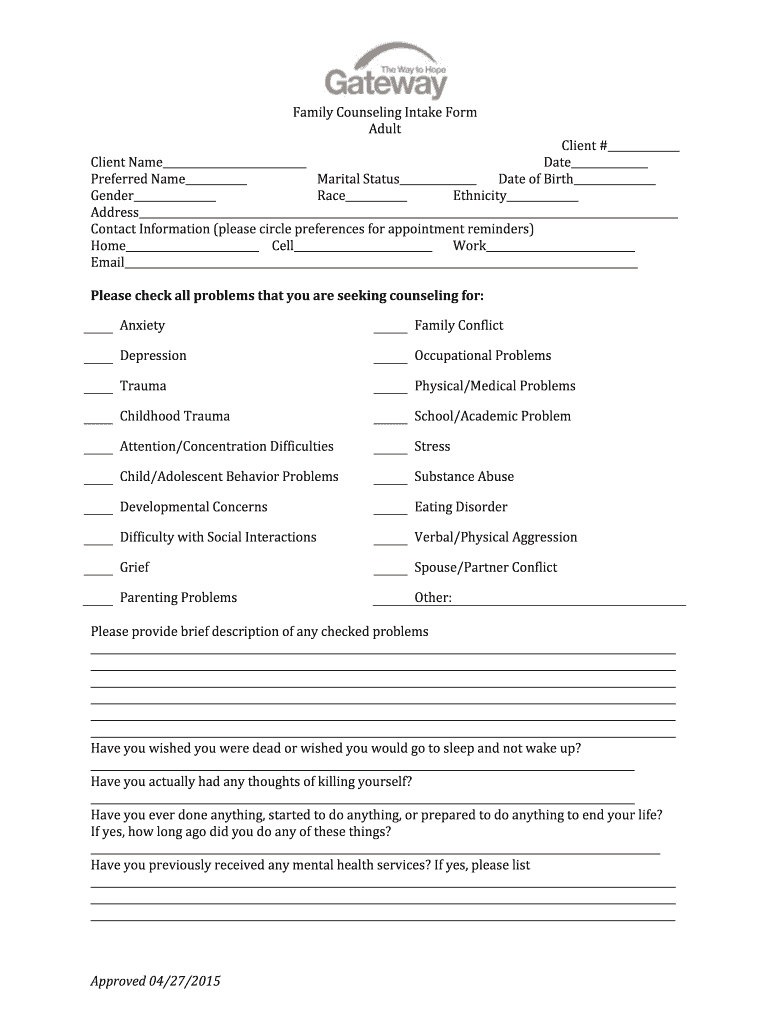Fillable Online Family Counseling Intake Form - Gateway Fax Email Print ...