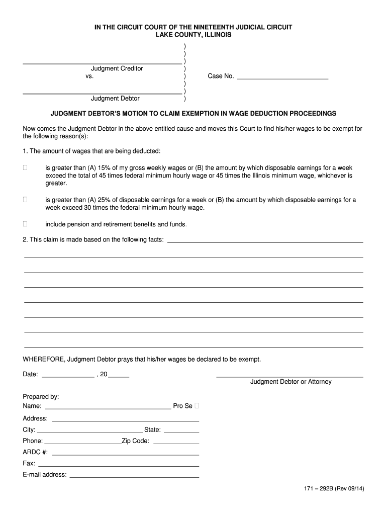 Fillable Online JUDGMENT DEBTORS MOTION TO CLAIM EXEMPTION IN WAGE ...