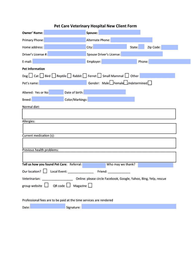 Fillable Online Pet Care Veterinary Hospital New Client Form Fax Email ...