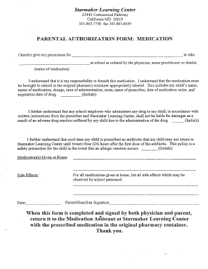 Fillable Online starmakerschool PARENTAL AUTHORIZATION FORM MEDICATION ...