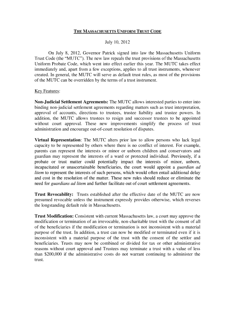 Fillable Online THE MASSACHUSETTS UNIFORM TRUST CODE Fax Email Print ...