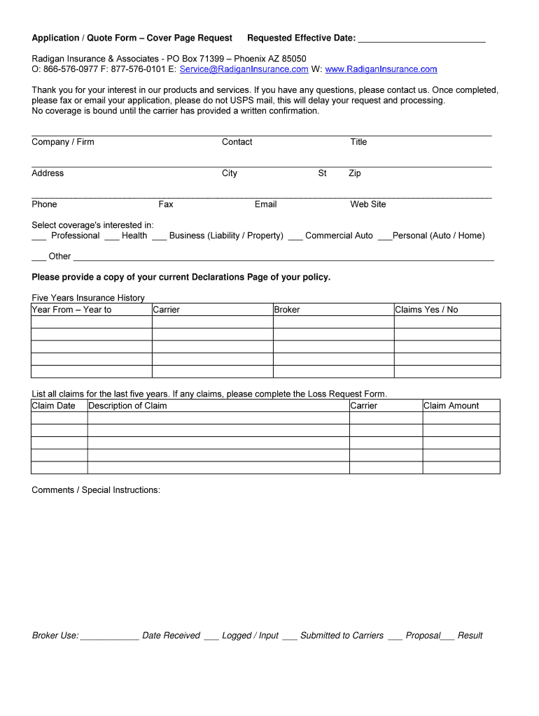 Fillable Online Application Quote Form Cover Page Request Requested Fax ...
