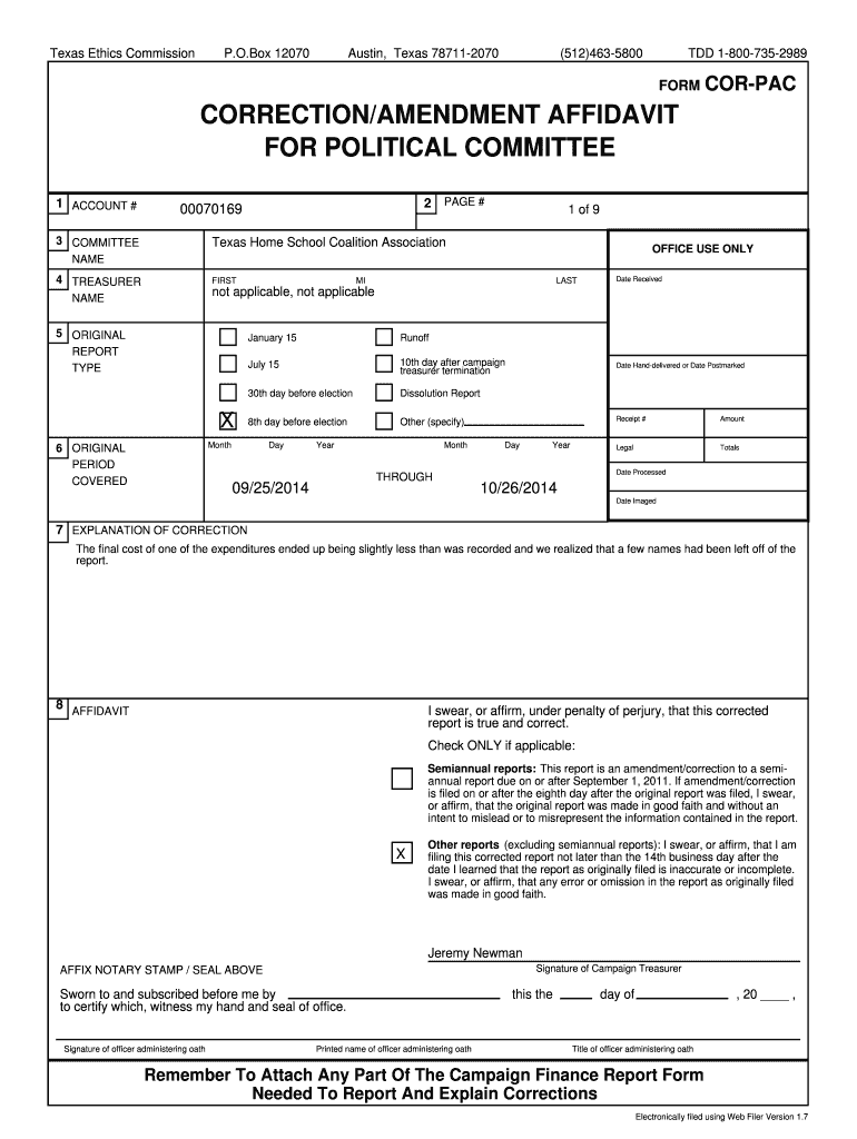 Fillable Online FORM COR-PAC CORRECTIONAMENDMENT AFFIDAVIT FOR POLITICAL Fax Email Print - pdfFiller