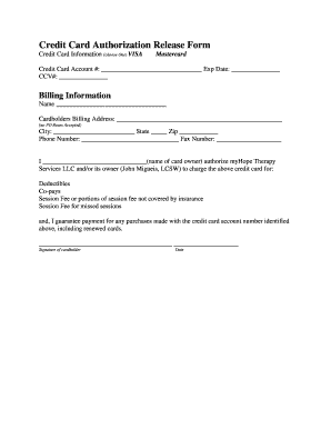 Fillable Online ownhope Credit Card Authorization Release Form (6) Fax ...