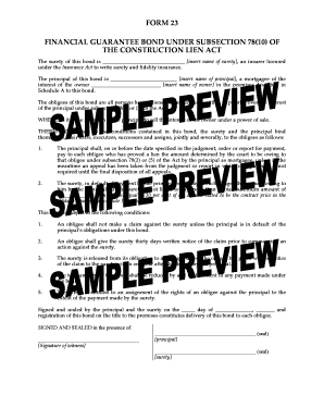 Fillable Online FORM 23 FINANCIAL GUARANTEE BOND UNDER SUBSECTION 78(10 ...