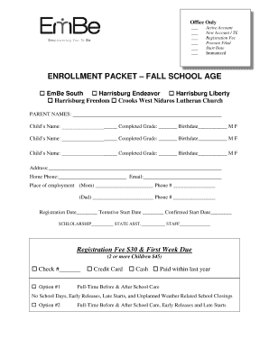 Fillable Online ENROLLMENT PACKET FALL SCHOOL AGE - EmBe Fax Email ...