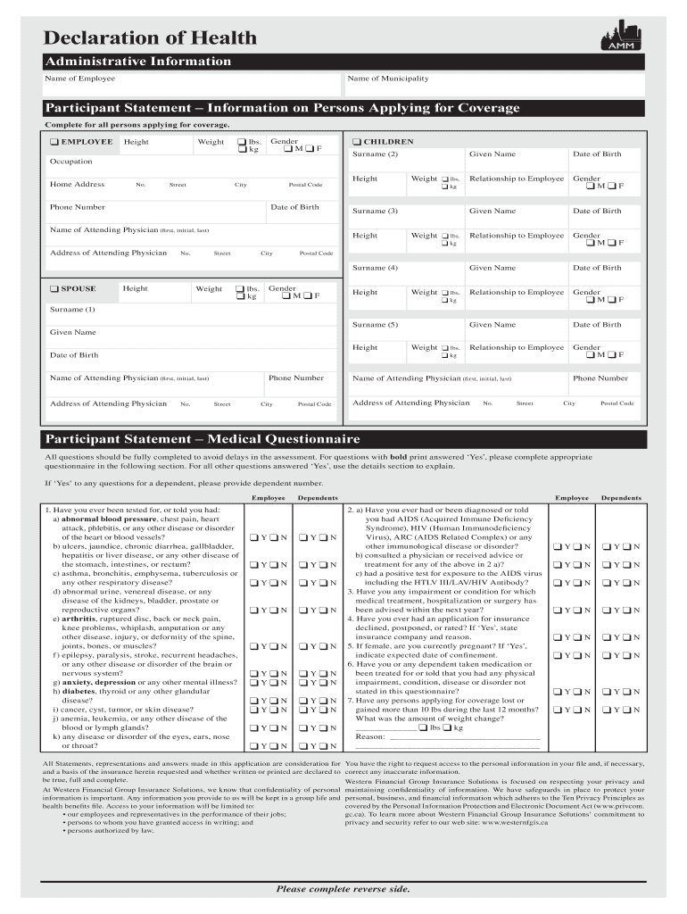 Fillable Online Declaration of Health - Western Financial Group ...