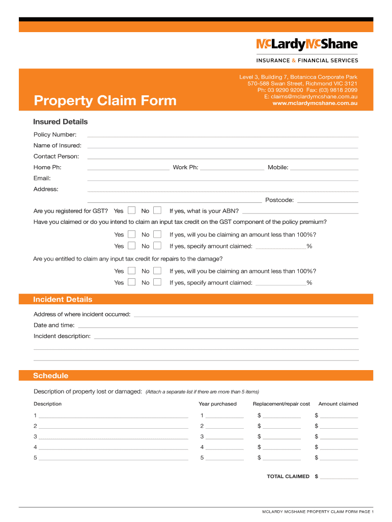 Fillable Online Property Claim Form - mclardymcshanecomau Fax Email ...