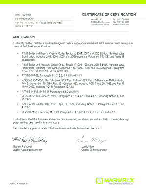 Fillable Online DATE CERTIFICATE OF CERTIFICATION 7MAGNAFLUX 3624 West ...