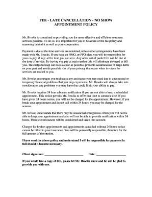 Fillable Online FEE POLICY FOR LATE CANCELLATION - Joel Brooks ...