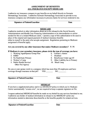 Fillable Online ASSIGNMENT OF BENEFITS ALL INSURANCE EXCEPT MEDICARE ...