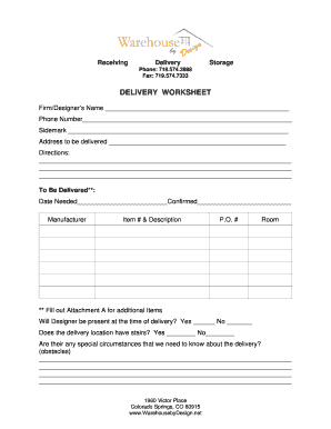Fillable Online warehousebydesign WBD DELIVERY WORKSHEETdoc ...