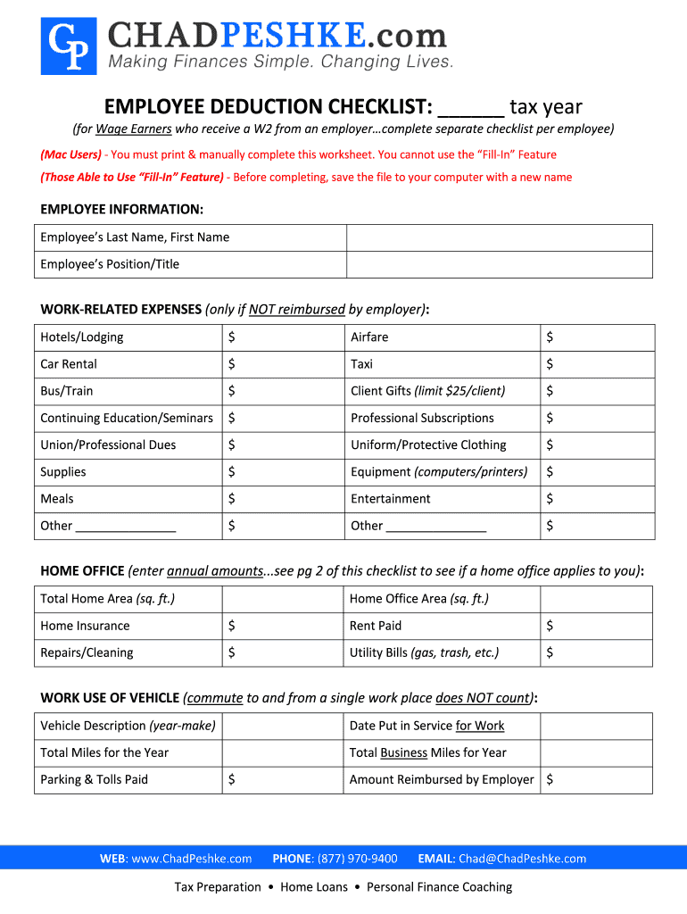 Fillable Online EMPLOYEE DEDUCTION CHECKLIST tax year Fax Email Print ...