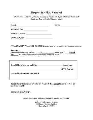 Fillable Online registrar tennessee Request for PLA Removal - registrar ...