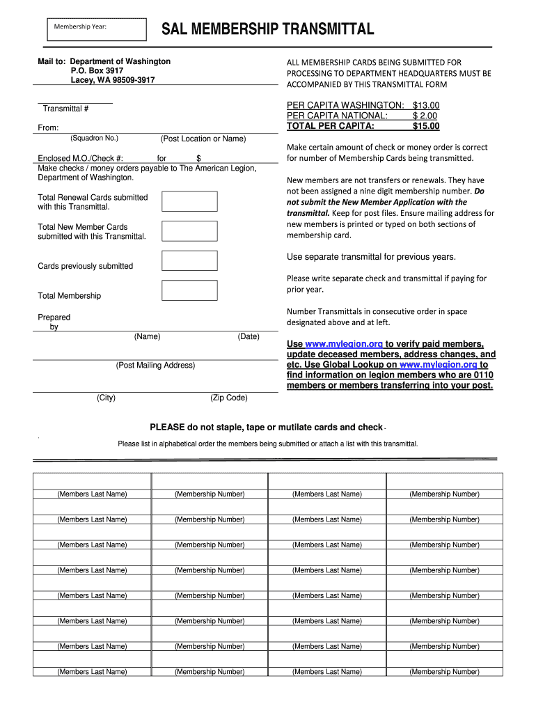 Fillable Online SAL MEMBERSHIP TRANSMITTAL Fax Email Print - pdfFiller