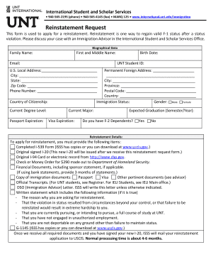 Fillable Online international unt Reinstatement Request - internationaluntedu Fax Email Print ...
