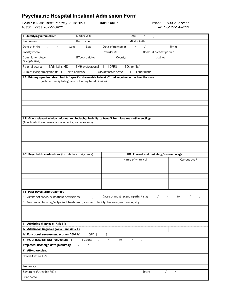 Fillable Online Psychiatric Hospital Inpatient Admission Form Fax Email Print - pdfFiller