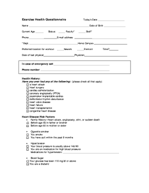 Fillable Online ohlone Exercise Health Questionnaire - Employee ...