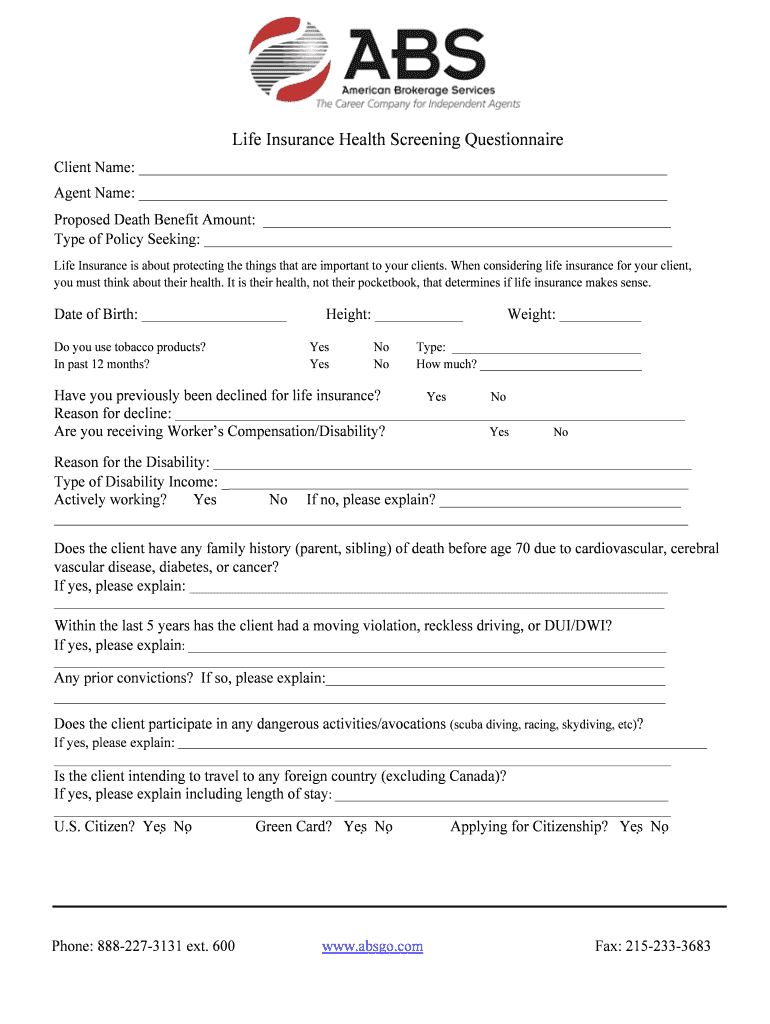Fillable Online Life Insurance Health Screening Questionnaire Fax Email ...