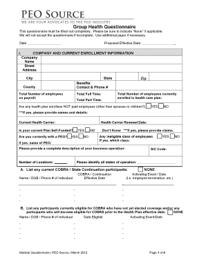 Fillable Online Group Health Questionnaire - PEO Source Fax Email Print ...