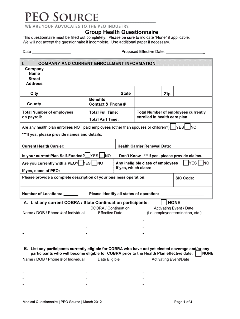 Fillable Online Group Health Questionnaire - PEO Source Fax Email Print ...
