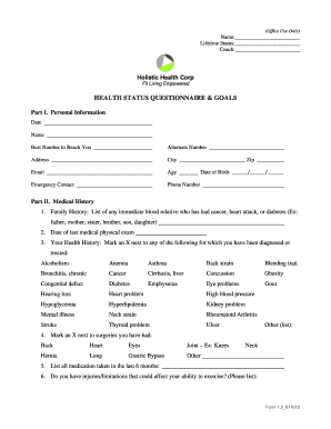 Fillable Online Health Status Questionnaire Goals - Fit Living Empowere ...