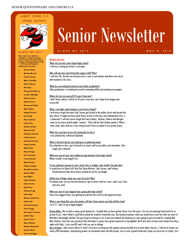 Fillable Online SENIOR QUESTIONNAIRE AND FAREWELLS Fax Email Print ...