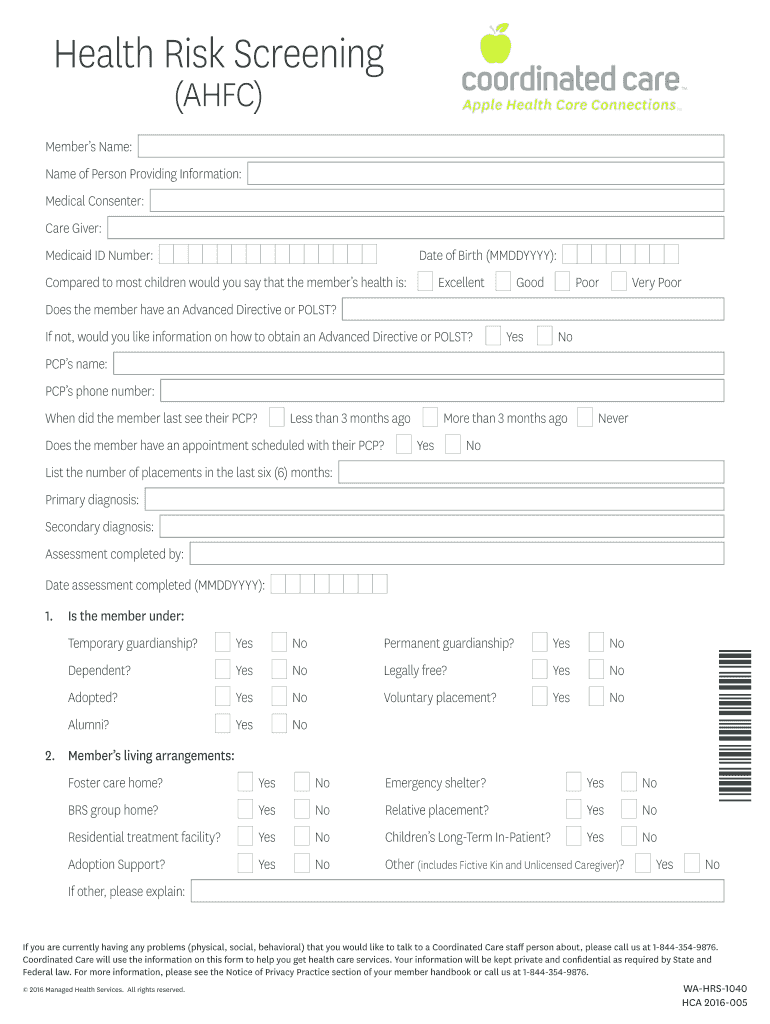 Fillable Online Health Risk Screening AHFC - Washington Health Risk ...