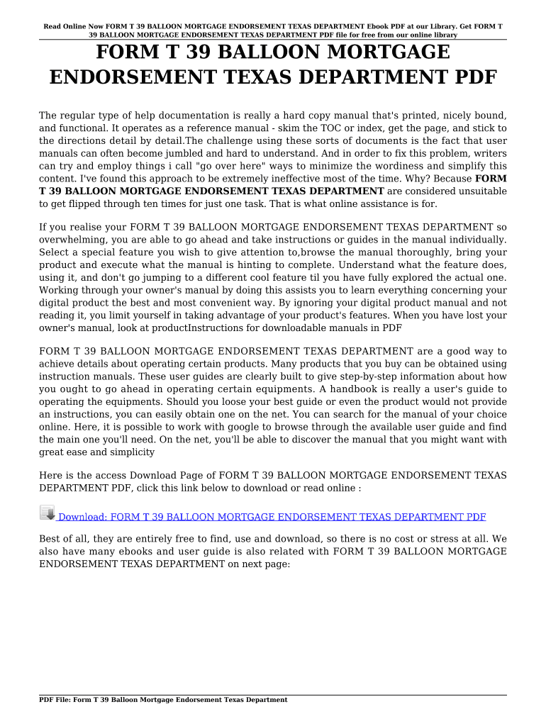 Fillable Online fuhuquge FORM T 39 BALLOON MORTGAGE ENDORSEMENT TEXAS DEPARTMENT PDF FORM T 39 ...