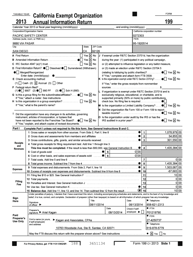Fillable Online TAXABLE YEAR 2013 California Exempt Organization Annual ...