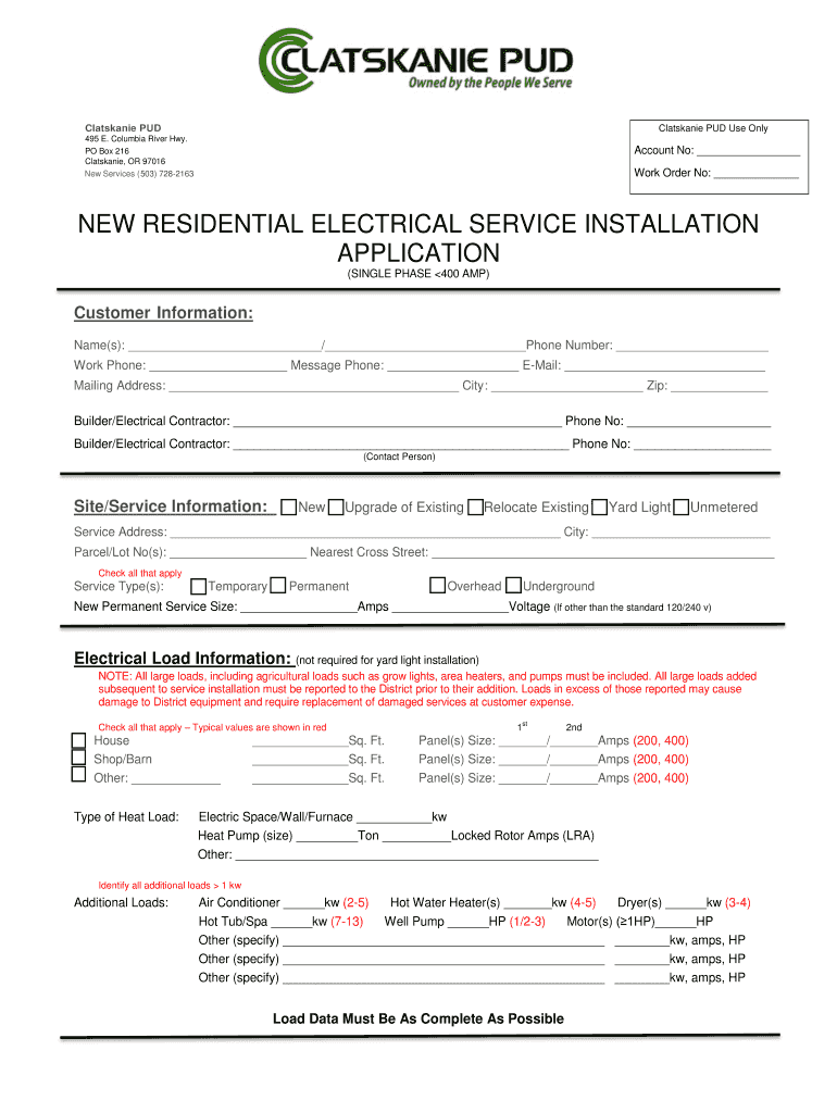 Fillable Online NEW RESIDENTIAL ELECTRICAL SERVICE INSTALLATION ...