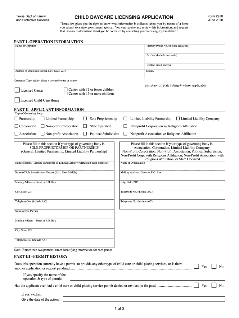 Fillable Online Child DayCare Licensing Application Jun 2010 Fax Email ...