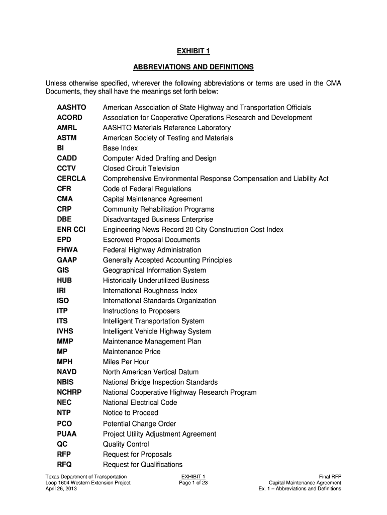 Fillable Online ftp dot state tx EXHIBIT 1 ABBREVIATIONS AND DEFINITIONS AASHTO AMRL - ftp dot ...