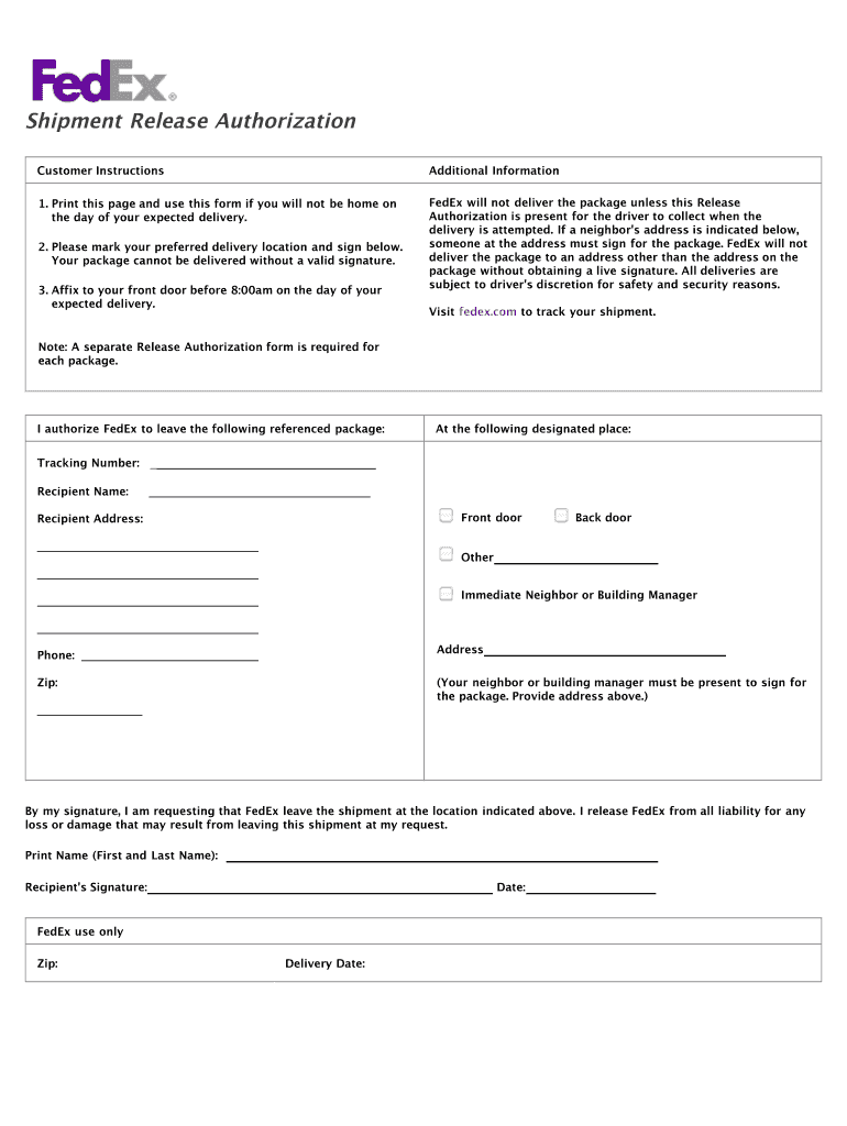 Fedex Shipment Release Authorization Fill Online Printable Fillable 