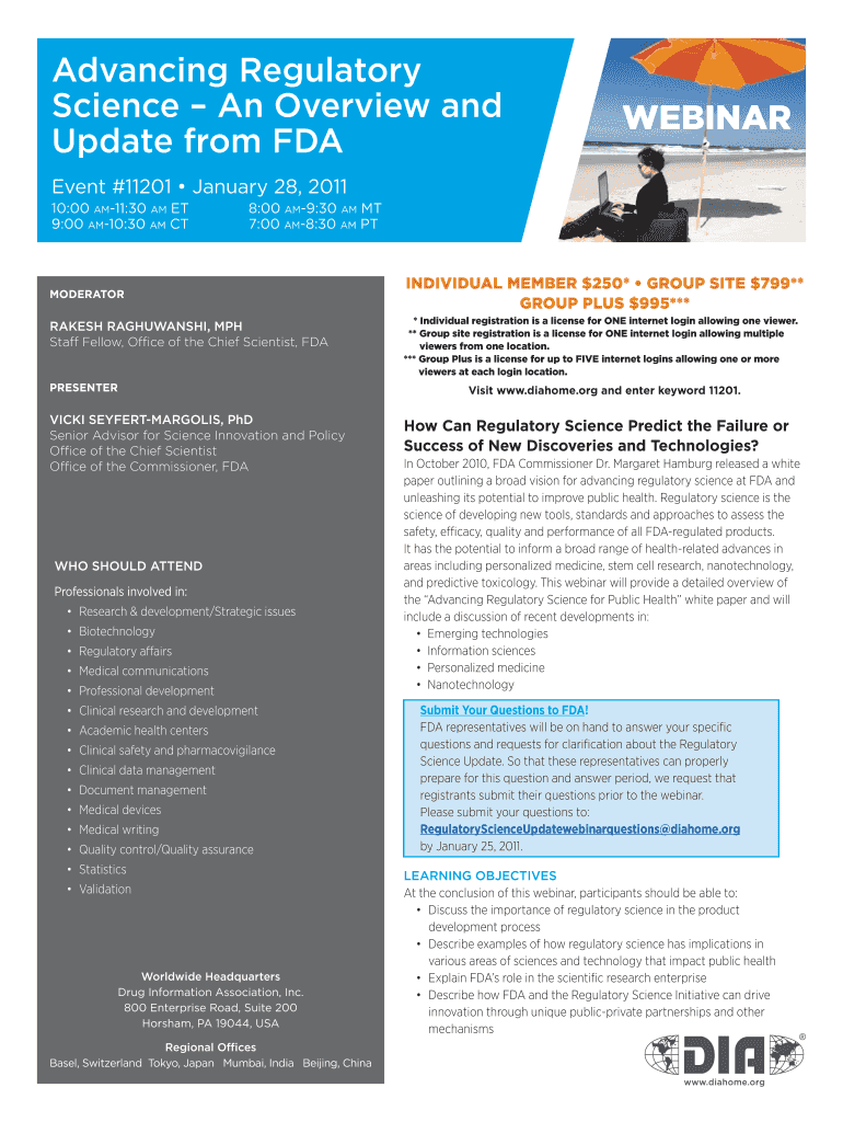 Fillable Online diaglobal WEBINAR Advancing Regulatory Science An Overview and bb - DIA Fax ...