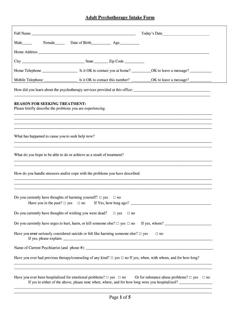 Fillable Online Adult Psychotherapy Intake Form Fax Email Print - pdfFiller