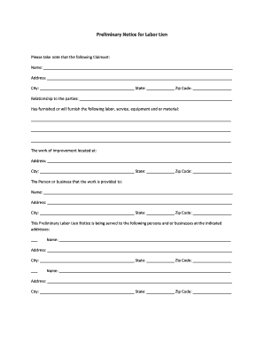 Fillable Online Preliminary Notice for Labor Lien - Free Links Fax ...