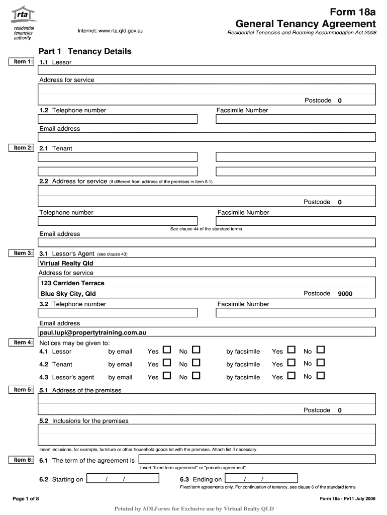 Fillable Online Form 18a General Tenancy Agreement Internet: www Fax ...