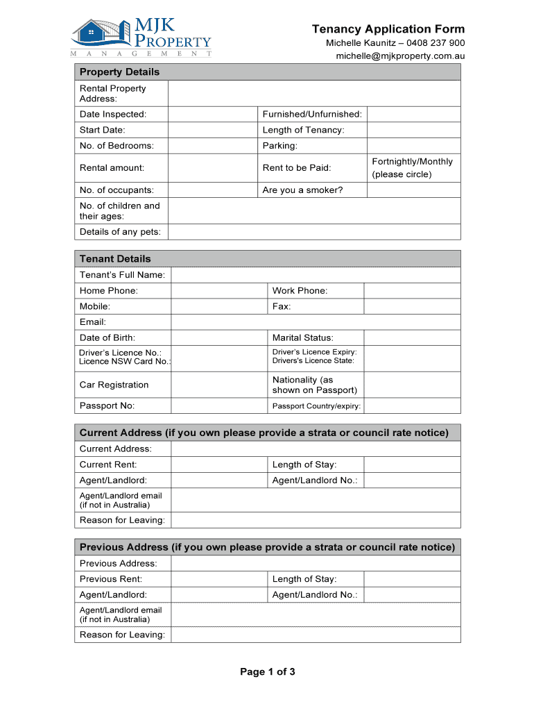 Fillable Online Tenancy Application Form - mjkpropertycomau Fax Email ...