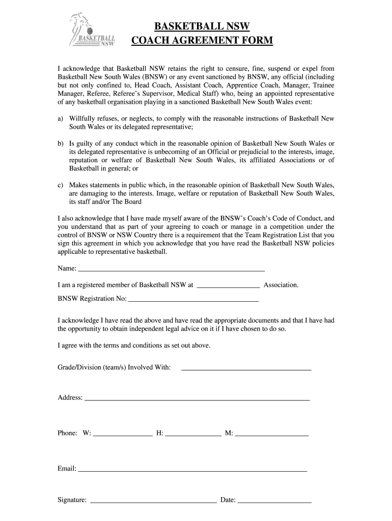 Fillable Online BASKETBALL NSW COACH AGREEMENT FORM Fax Email Print ...